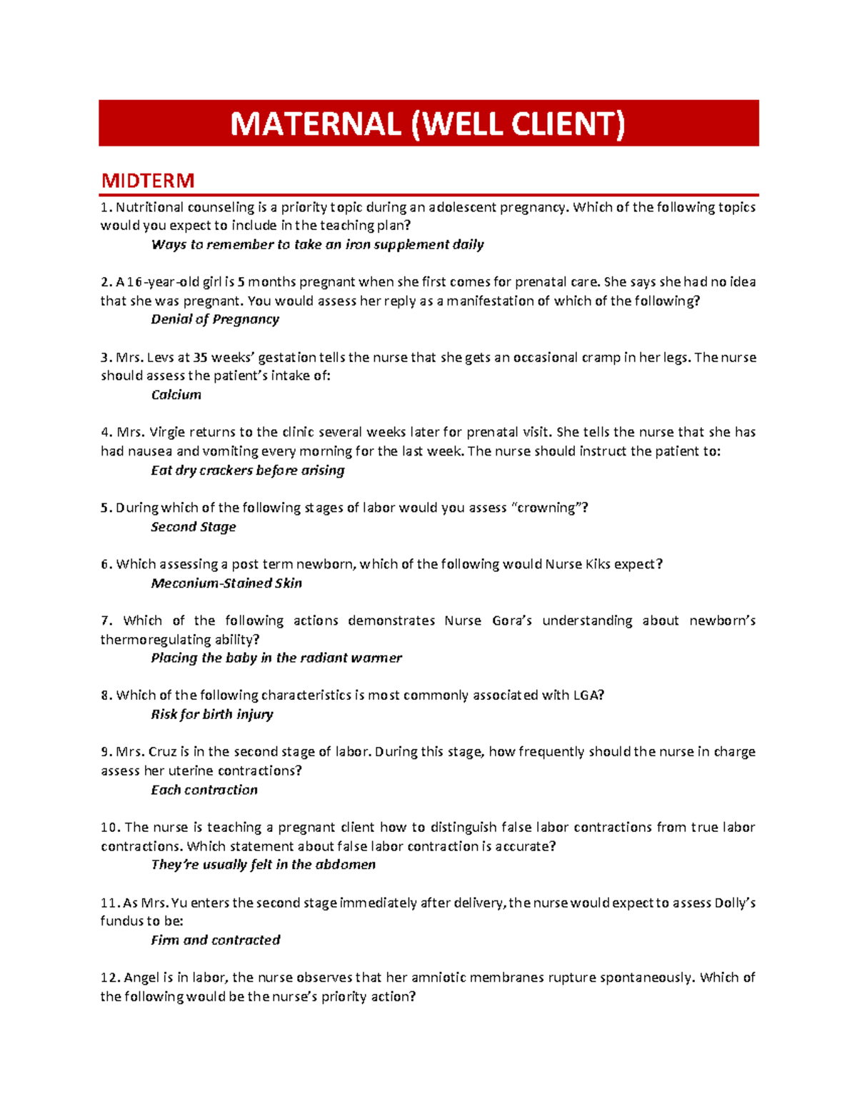 Maternal and Pedia Test Banks Compilation 1 - MATERNAL (WELL CLIENT ...