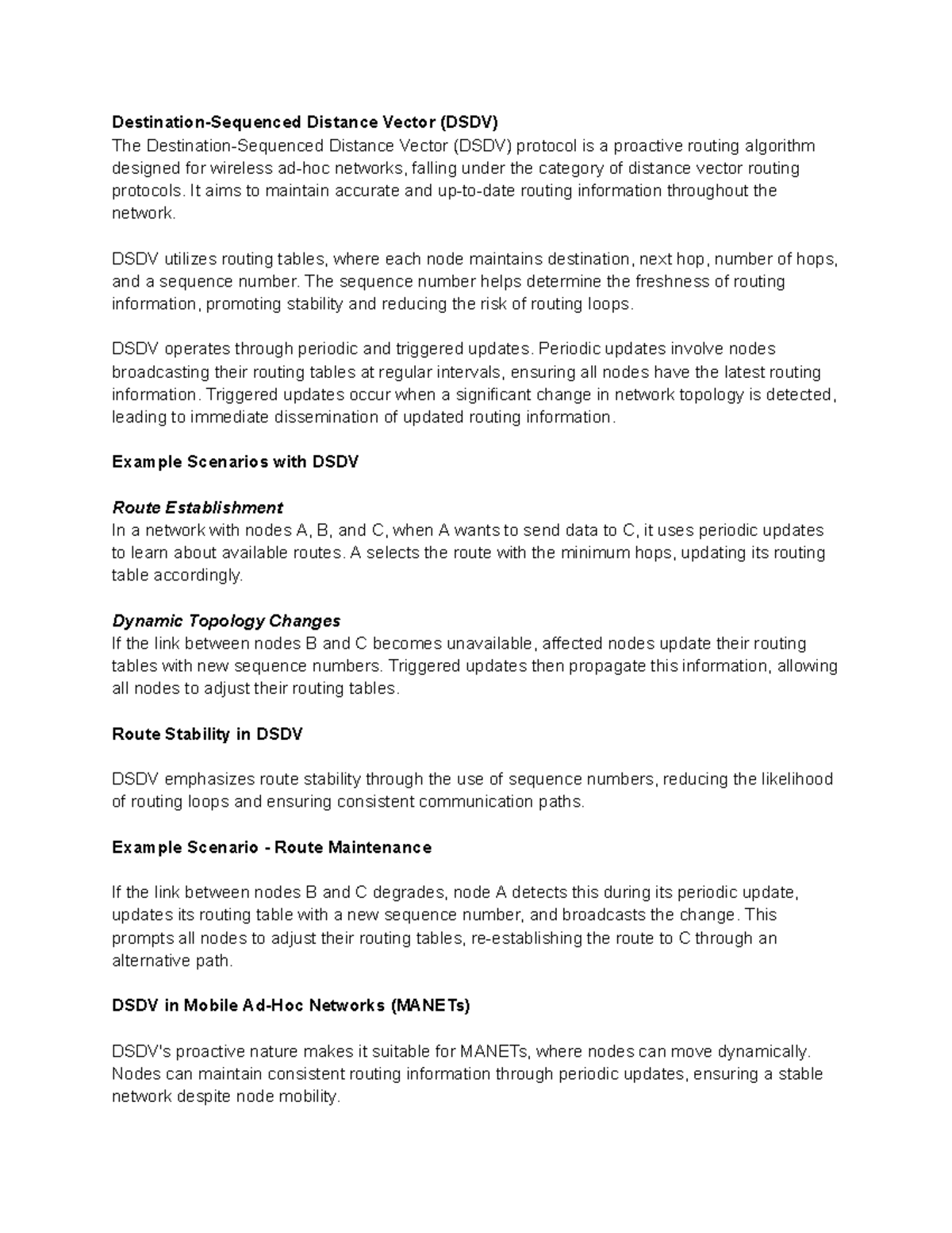 Destination-Sequenced Distance Vector (DSDV) - It aims to maintain ...