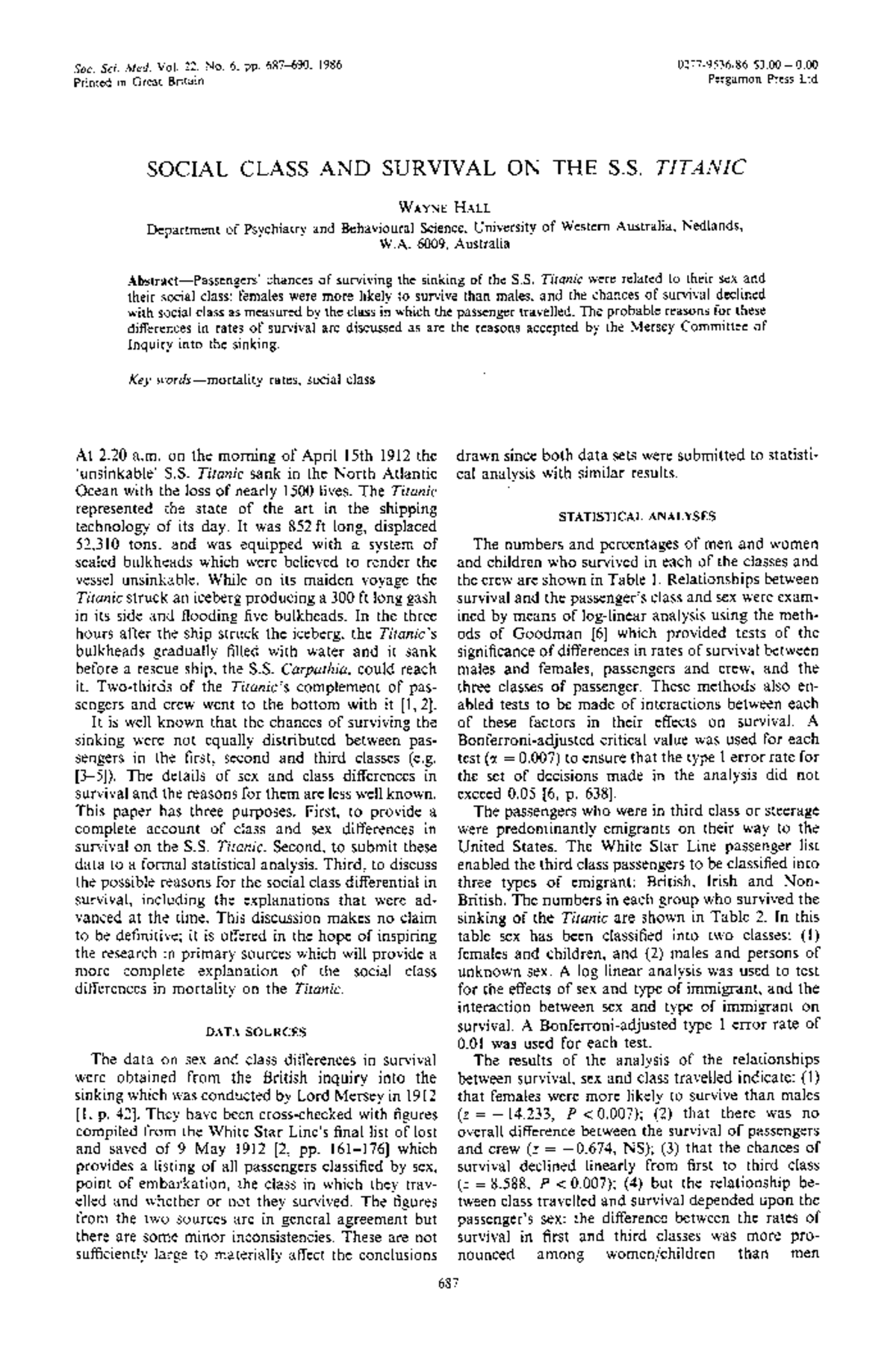 Clase social y sobrevida Titanic - sot. k,. Mrd. 22. No. 6. pp. 687-m ...