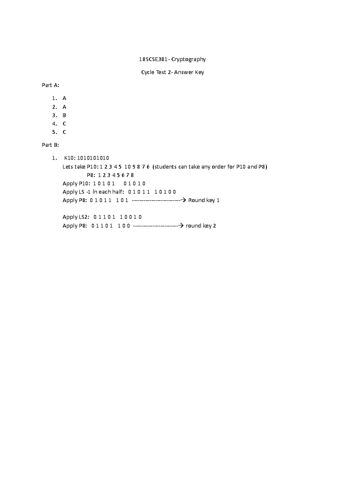 Answerkey SET B Answer Key 18SCSE381 Cryptography Cycle Test 2