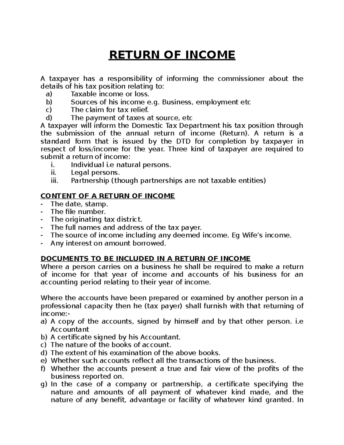 Assessment Return - Simplified notes - RETURN OF INCOME A taxpayer has ...