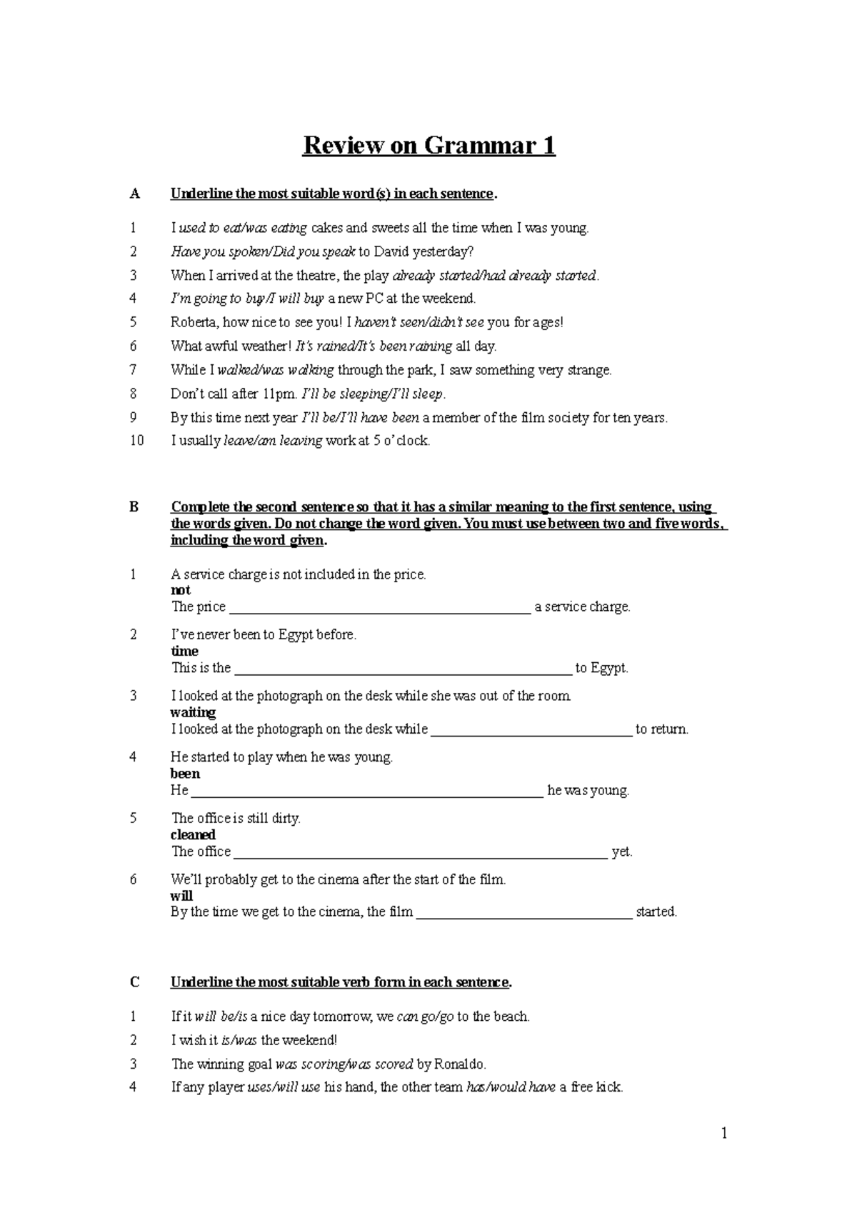 Review on Grammar 1 - Ejercicios gramaticales de práctica para el final ...