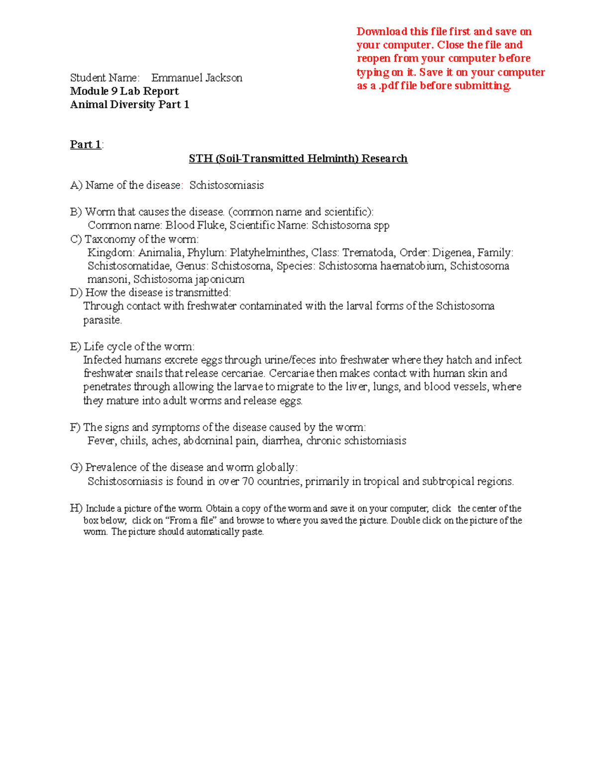 Module 9 Lab Report Animal Diversity 1 - Student Name: Emmanuel Jackson ...