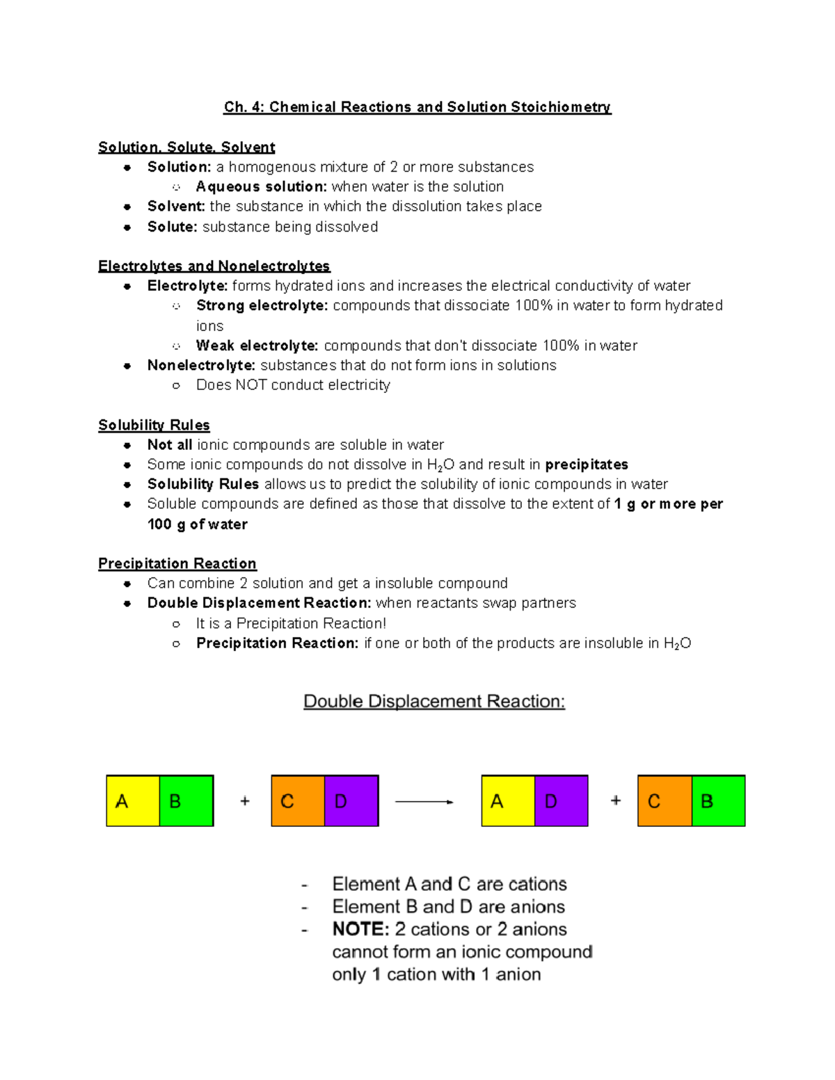 Chem 111 Ch 4 Notes Ch 4 Chemical Reactions And Solution