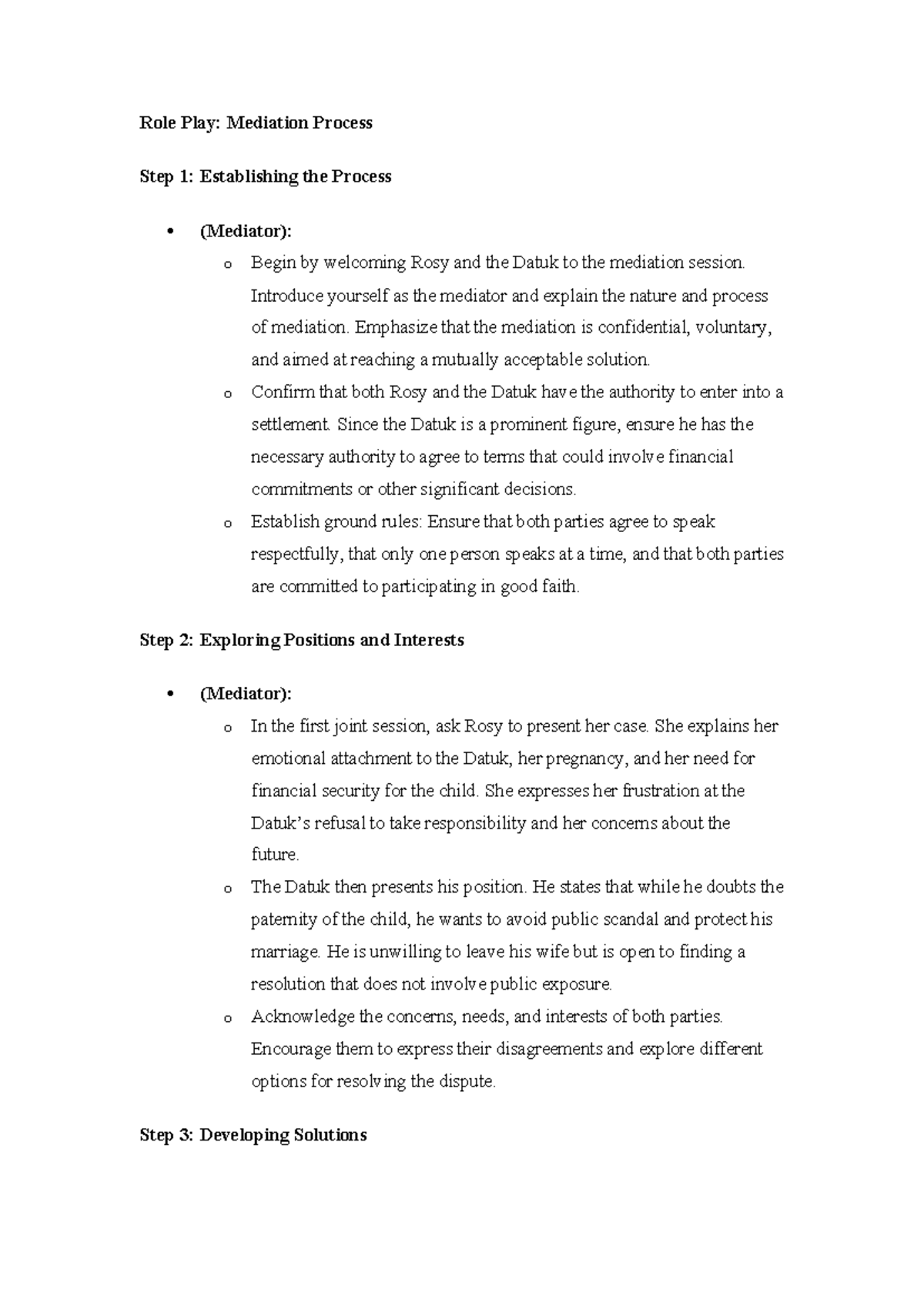 Adr tutorial 4 - roleplay scenario tackled - Role Play: Mediation Process Step 1: Establishing ...
