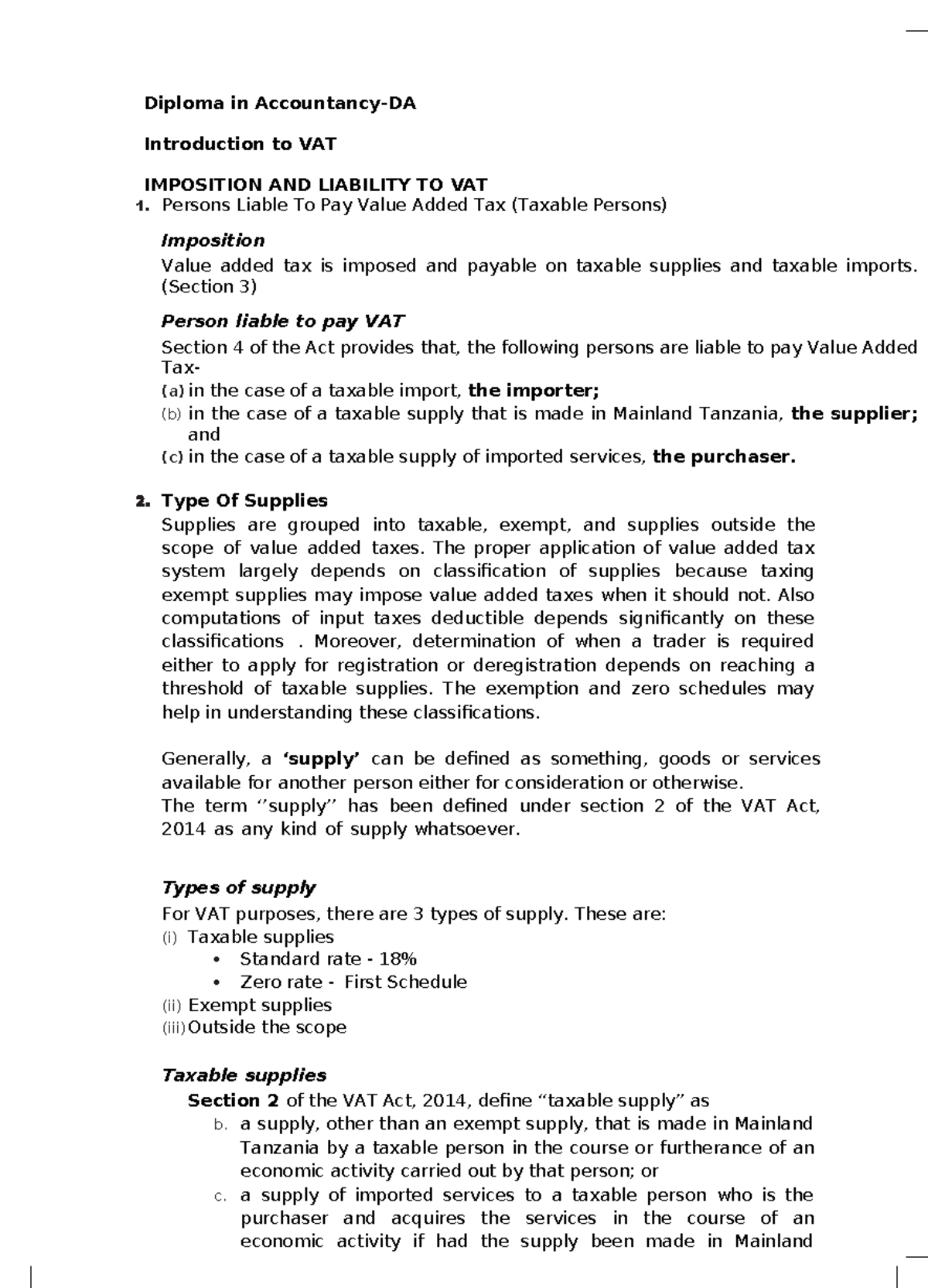VAT 6 - Diploma in Accountancy-DA Introduction to VAT IMPOSITION AND ...