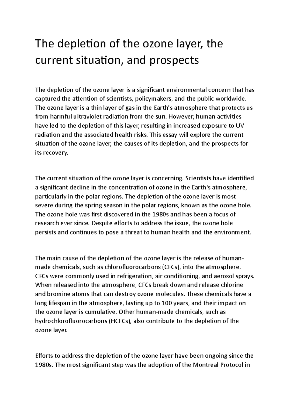 The depletion of the ozone layer, the current situation, and prospects ...