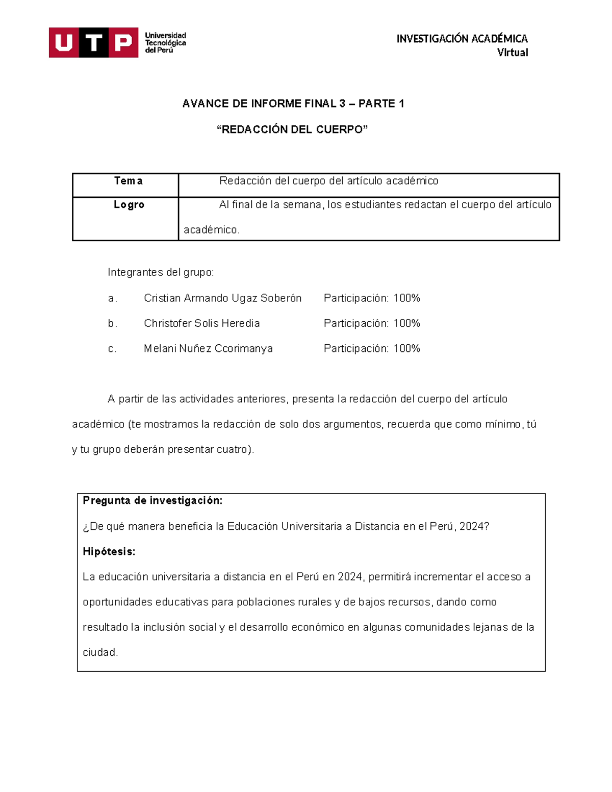 Avance Informe Final 3 - Parte 1 (AIF3) - Virtual AVANCE DE INFORME FINAL 3 – PARTE 1 “REDACCIÓN ...