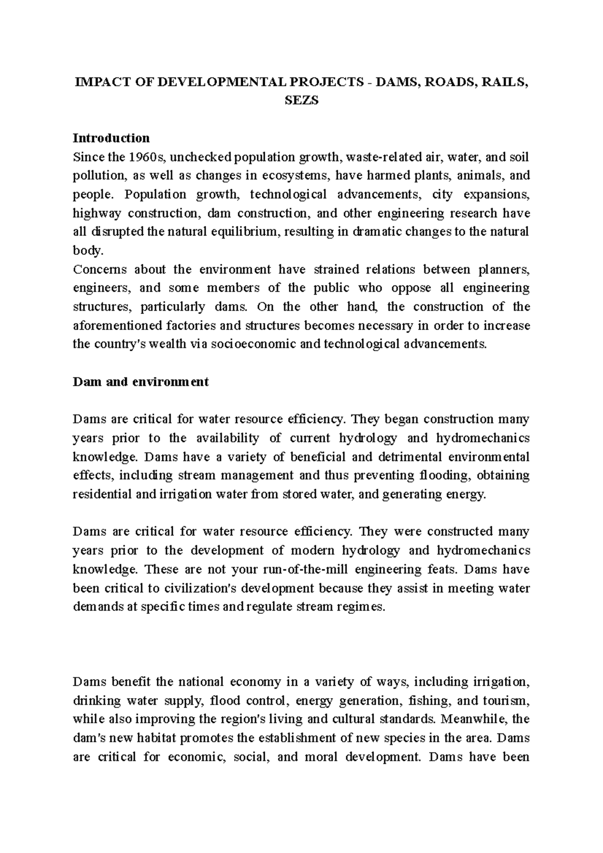 Impact OF Developmental Projects - DAMS, Roads, Rails, SEZS - IMPACT OF ...