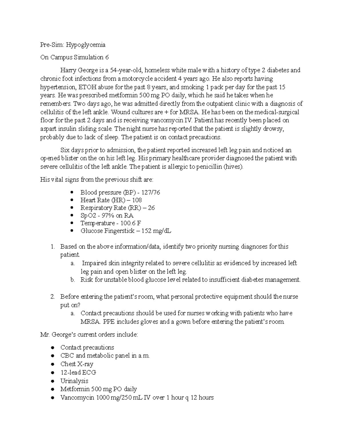 Pre Sim Assignment 6 - Pre-Sim: Hypoglycemia On Campus Simulation 6 ...