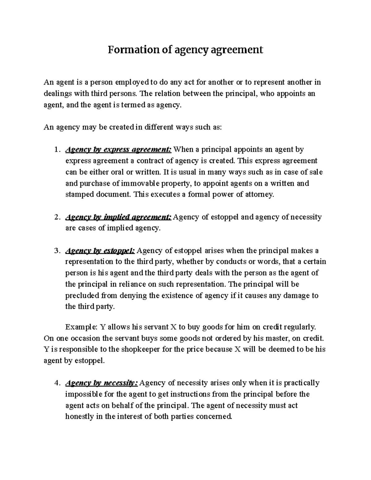 Formation of agency agreement - The relation between the principal, who ...