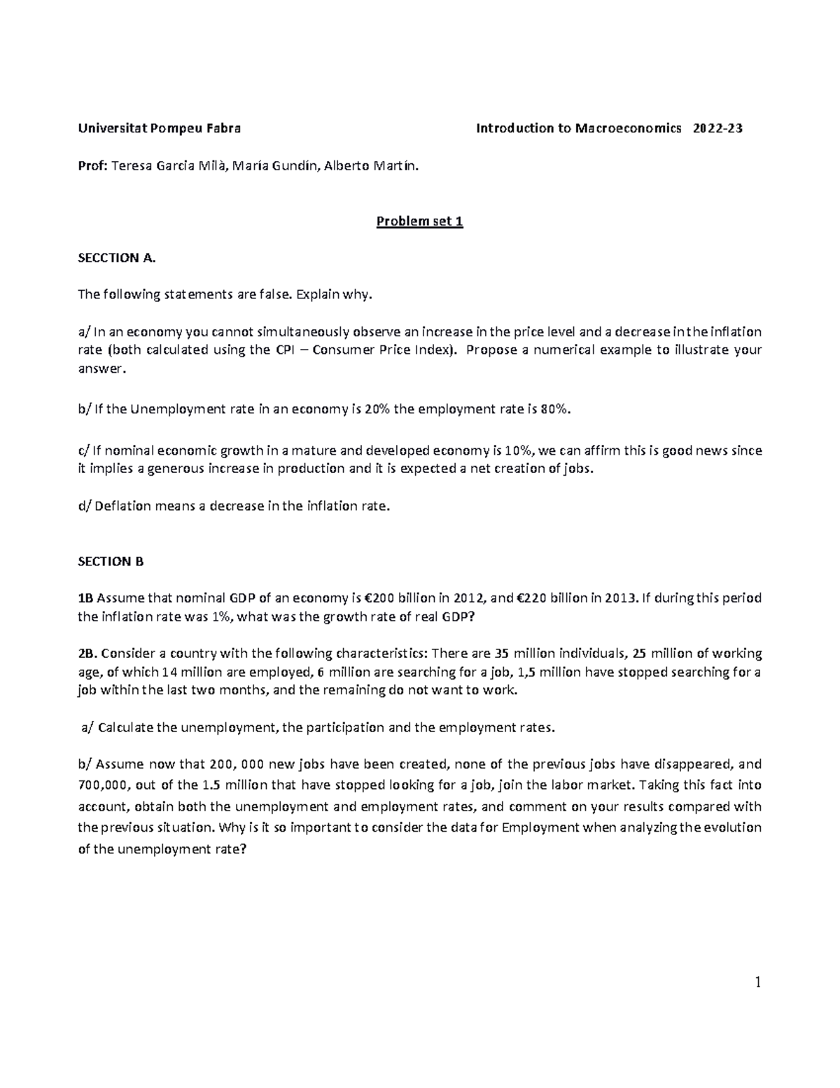 Ps1 2023 - 1 Universitat Pompeu Fabra Introduction to Macroeconomics 2022- Prof: Teresa Garcia ...