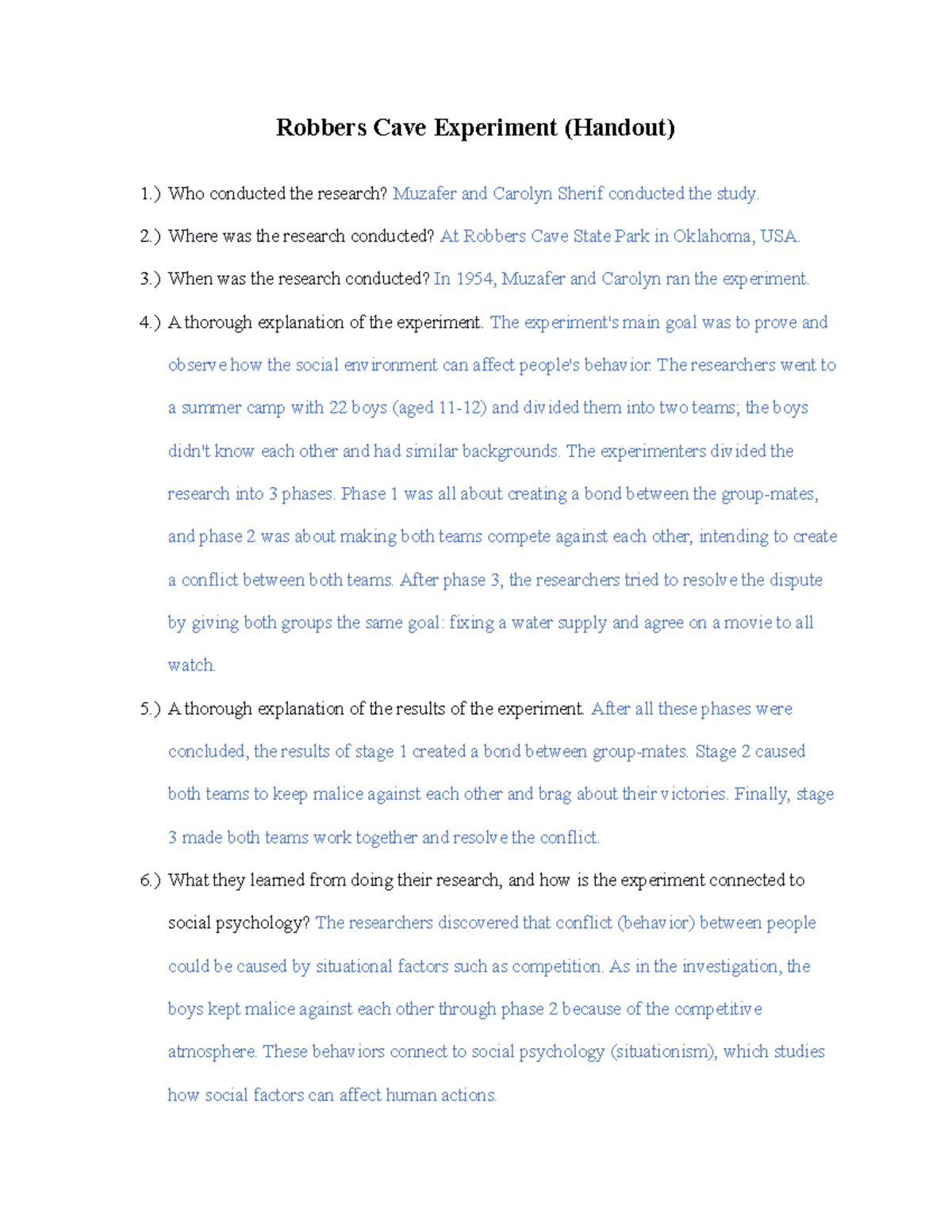 Robbers Cave Experiment - )Who conducted the research? Muzafer and ...