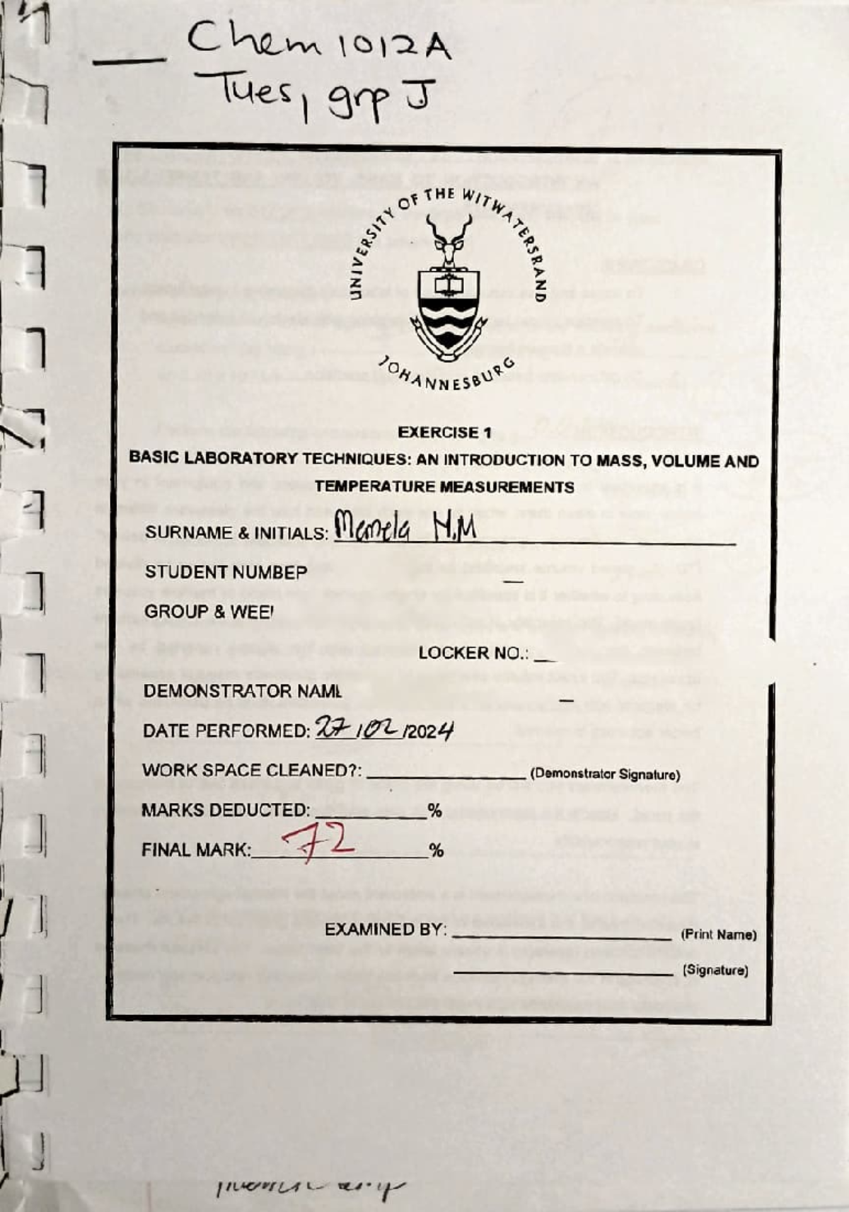Lab exercise 1 - Lab report - Chem |912A STUDENT NUMBEP GROUP& WEE ...