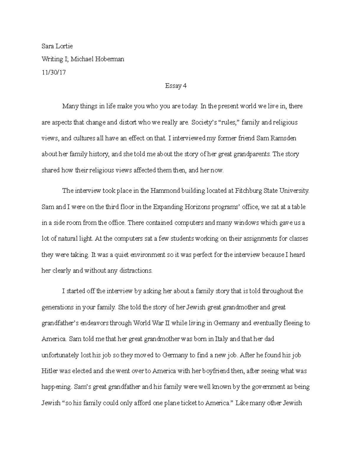 Writing I essay 4 - Grade: 100% - Sara Lortie Writing I; Michael ...