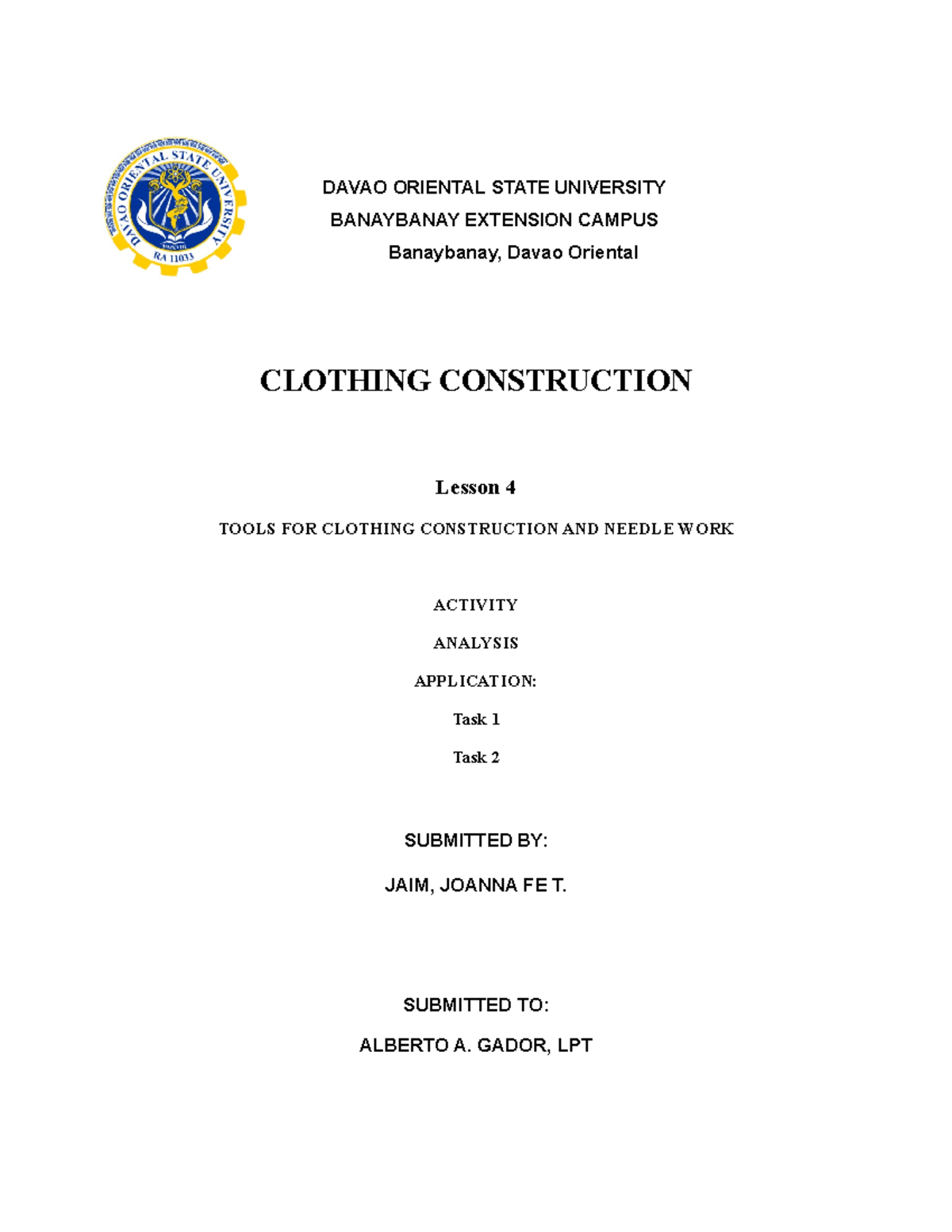 Lesson 4- Clothing Construction- JAIM - DAVAO ORIENTAL STATE UNIVERSITY ...