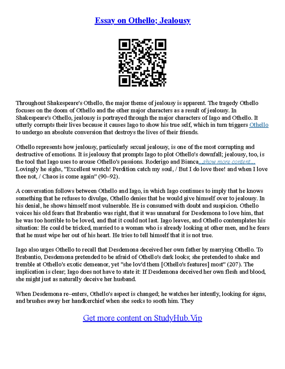 Othello Essays On Jealousy - Essay on Othello; Jealousy Throughout ...