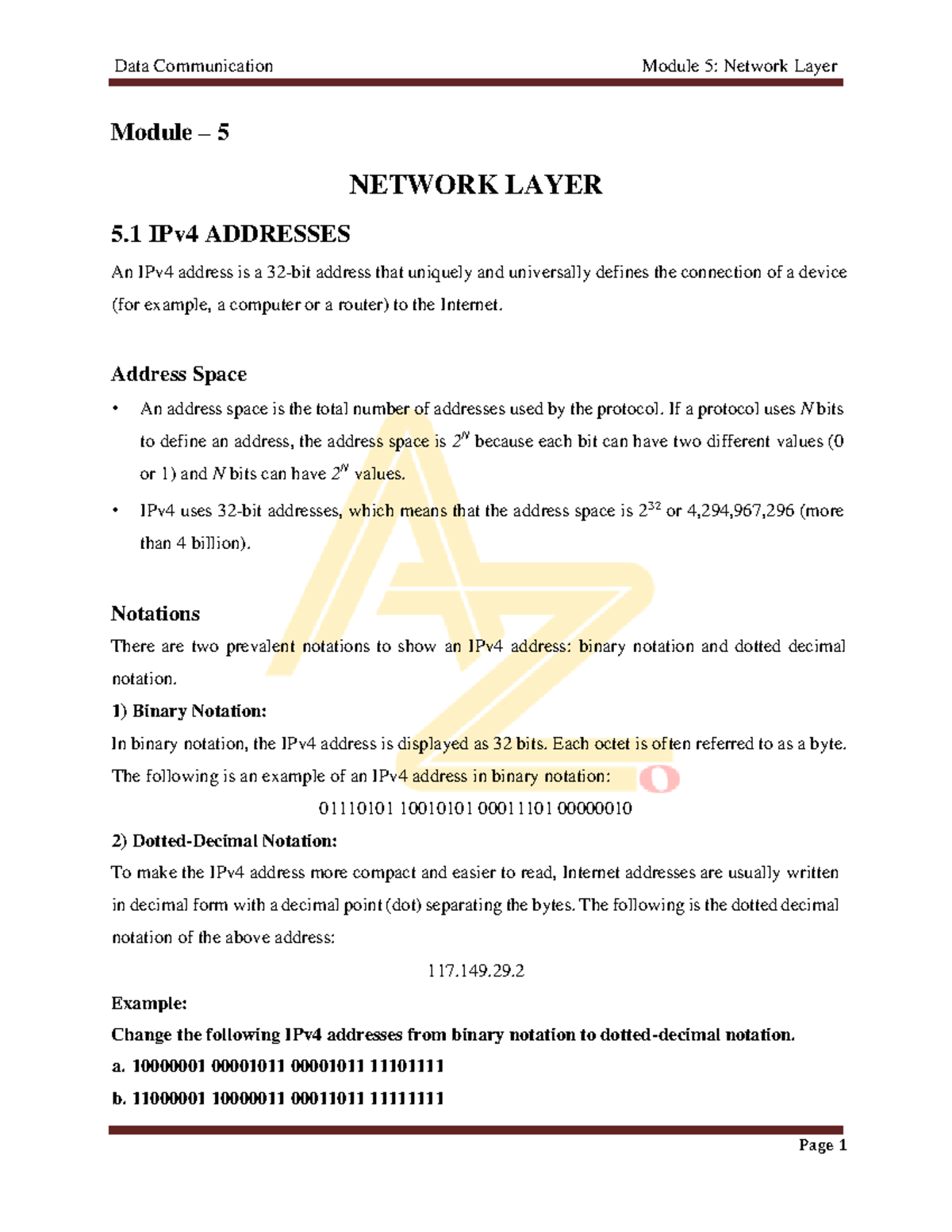 Module 5 - notes as per syllabus - Module – 5 NETWORK LAYER 5 IPv4 ...