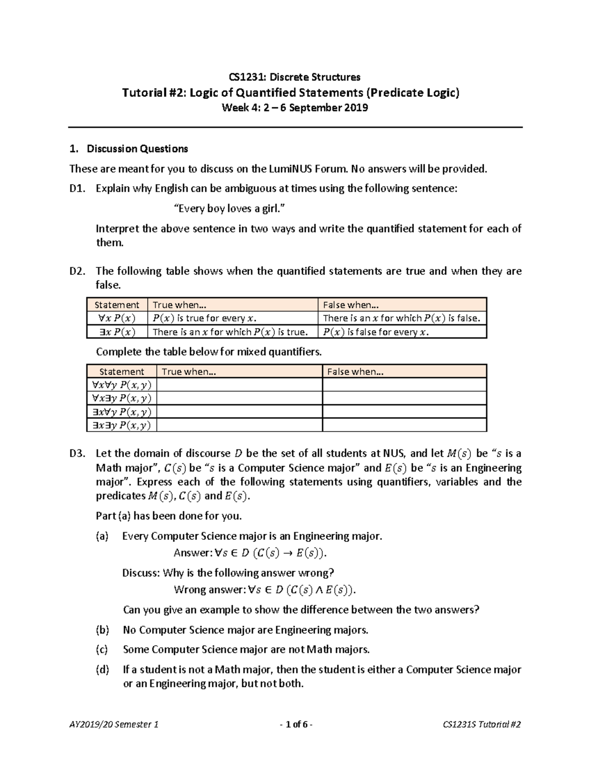 Tut02qns CS1231 - CS1231: Discrete Structures Tutorial #2: Logic of Quantified Statements ...