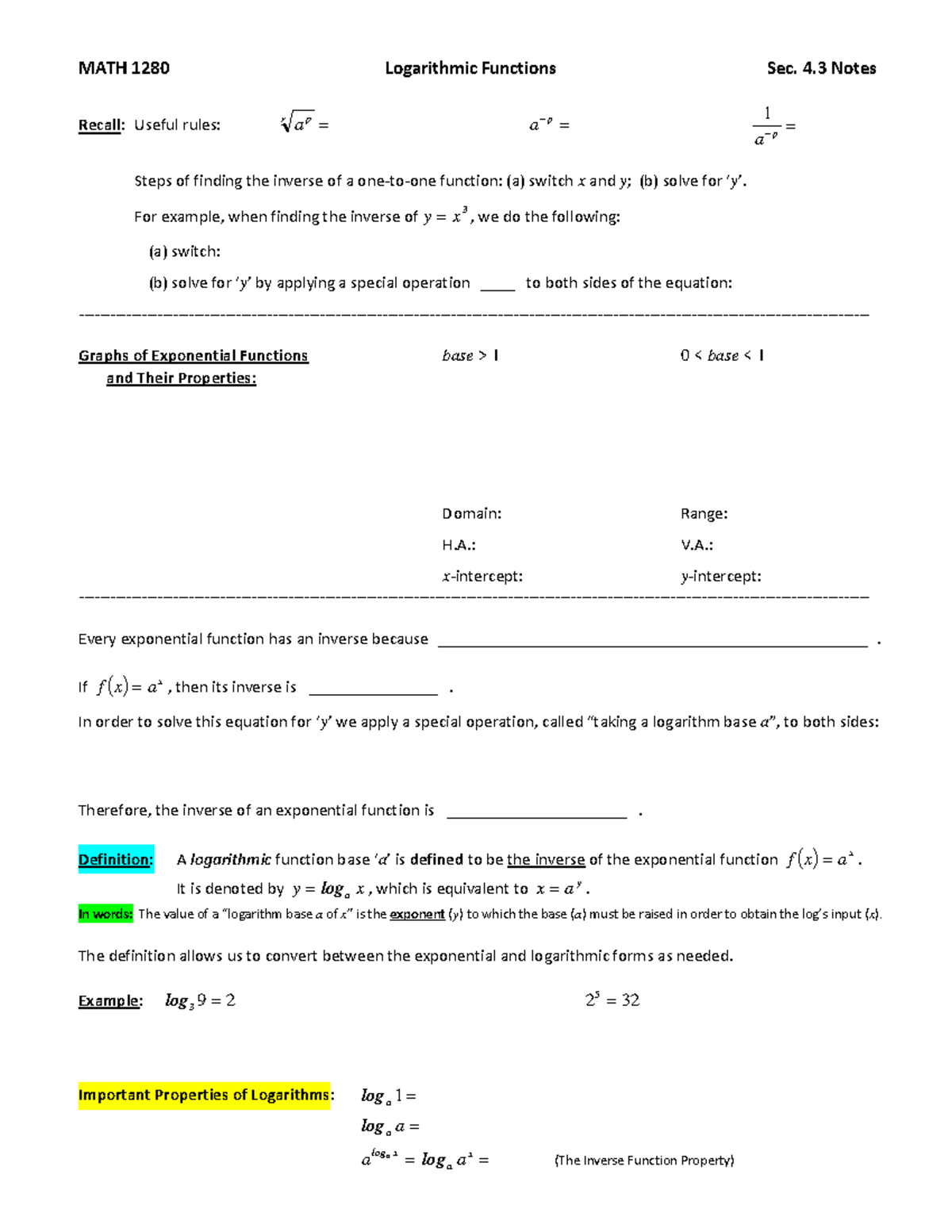 Notes Sec 4 3 Logarithmic Functions Math 1280 Logarithmic