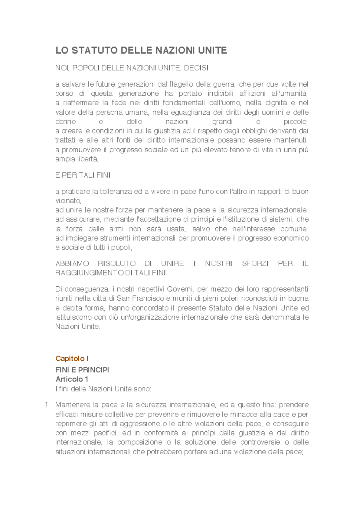 Carta ONU - LO STATUTO DELLE NAZIONI UNITE NOI, POPOLI DELLE NAZIONI ...