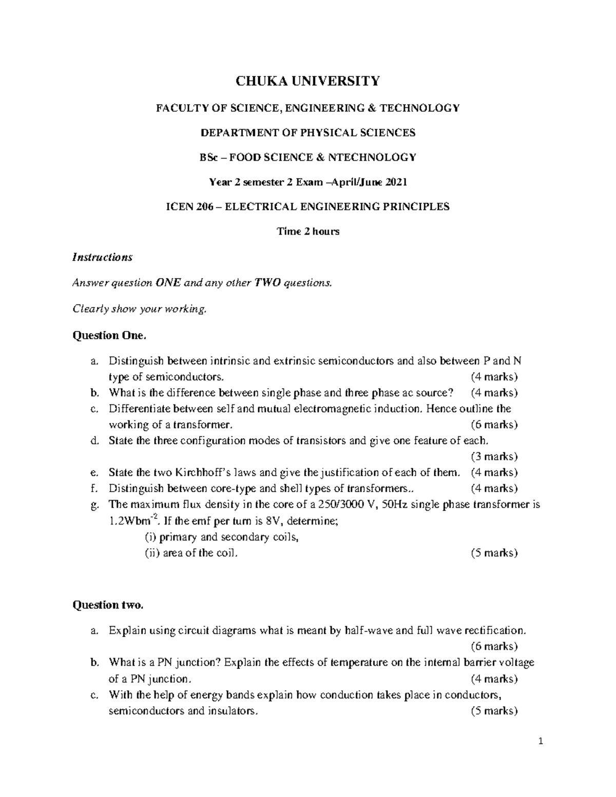 1A - past paper - 1 CHUKA UNIVERSITY FACULTY OF SCIENCE, ENGINEERING & TECHNOLOGY DEPARTMENT OF ...