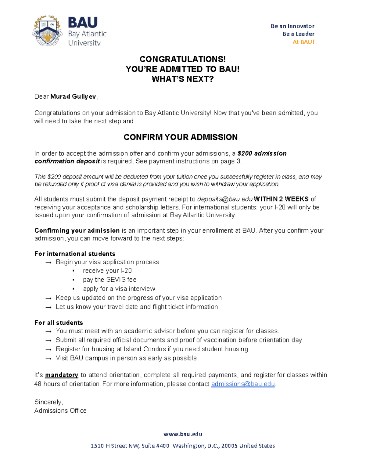 BAU Admission Confirmation Form - Murad Guliyev - Be a Leader At BAU ...