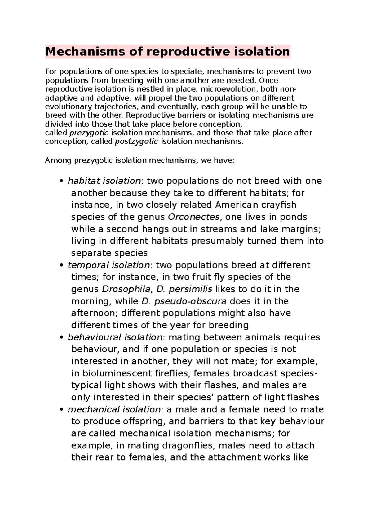 B Iology Notes - Mechanisms of reproductive isolation For populations ...