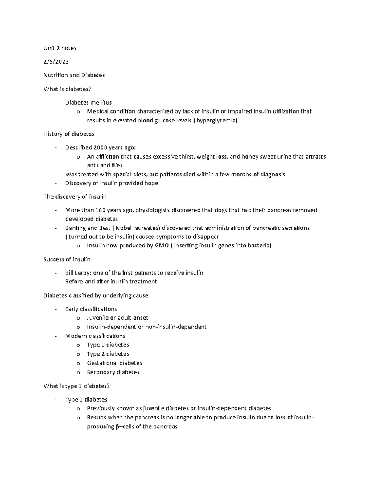 Unit 2 Notes - Unit 2 notes 2/9/ Nutrition and Diabetes What is ...