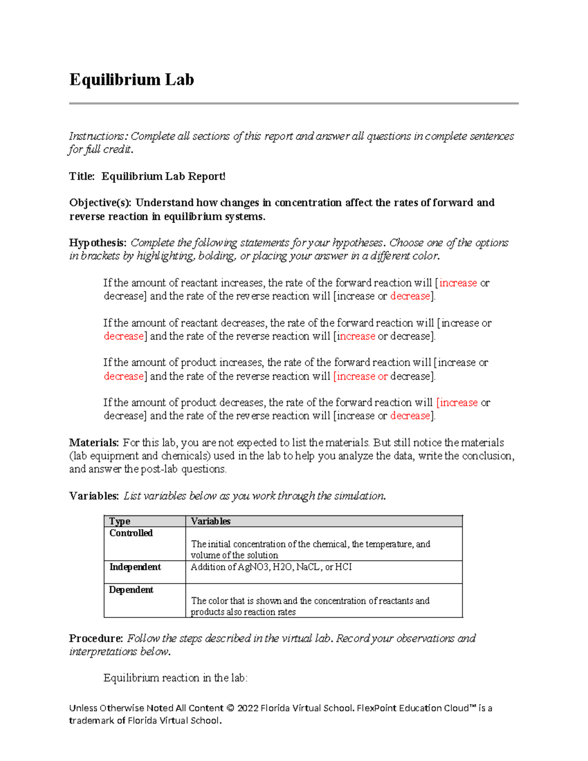 Equilibrium Lab 7.05 - Equilibrium Lab Instructions: Complete all ...