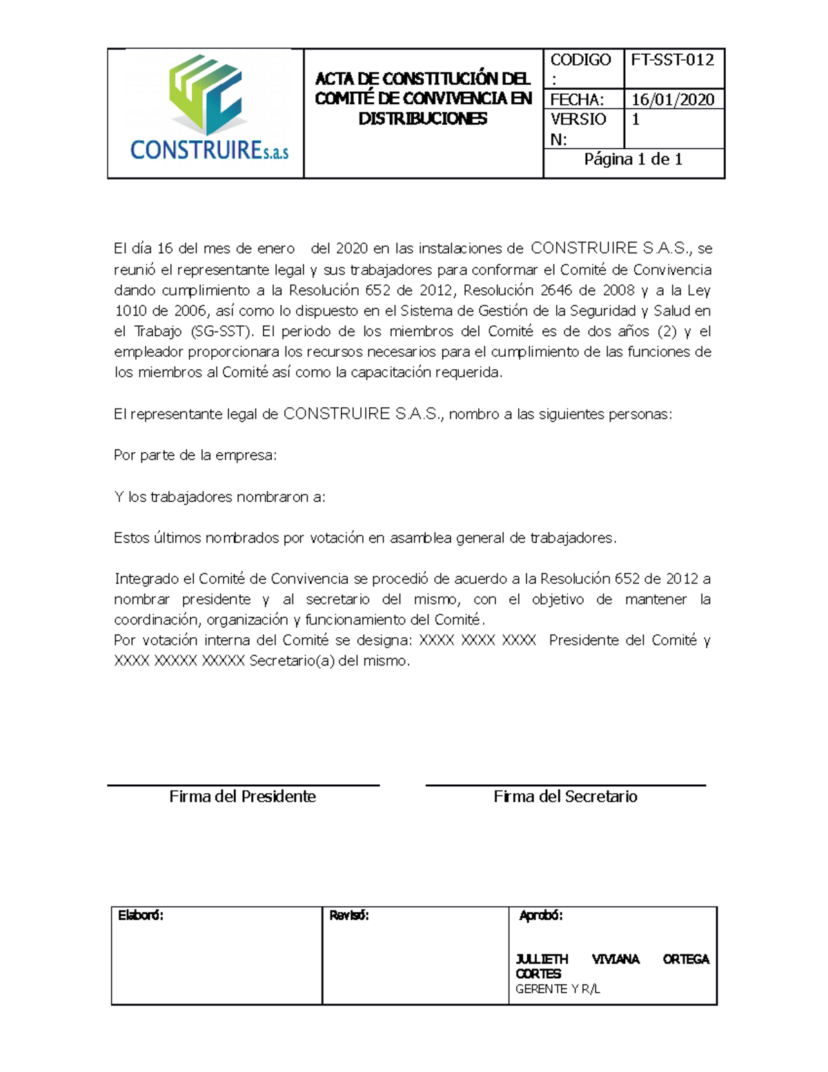 FT-SST-012 Formato Acta de Constitución del Comité de Convivencia Laboral - ACTA DE CONSTITUCIÓN ...