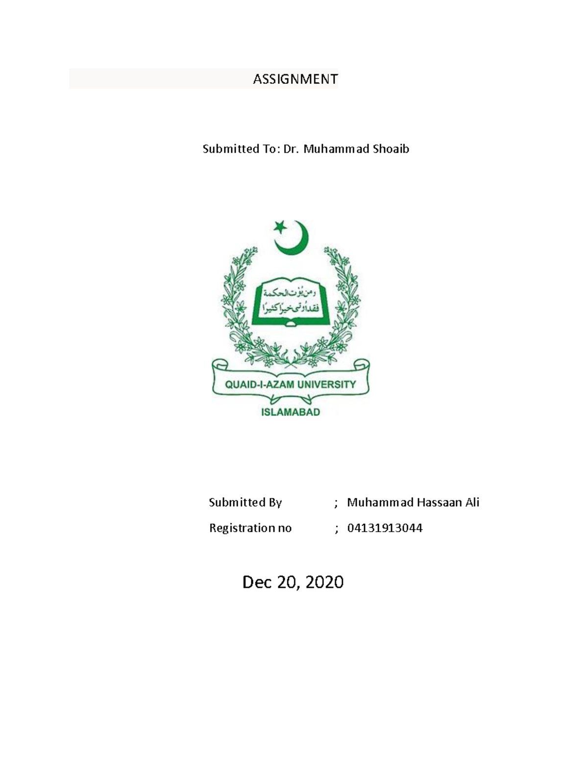 Muhammad Hassaan ALI Assigned DOCU - ASSIGNMENT Submitted To: Dr ...