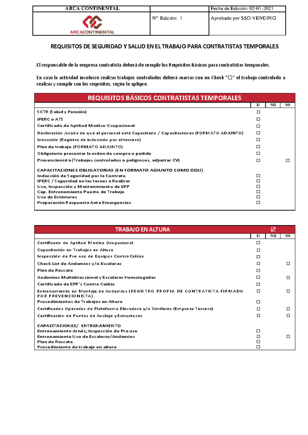 Requisitos DE Seguridad Y Salud EN EL Trabajo PARA Contratistas Temporal - N° Edición: 1 ...