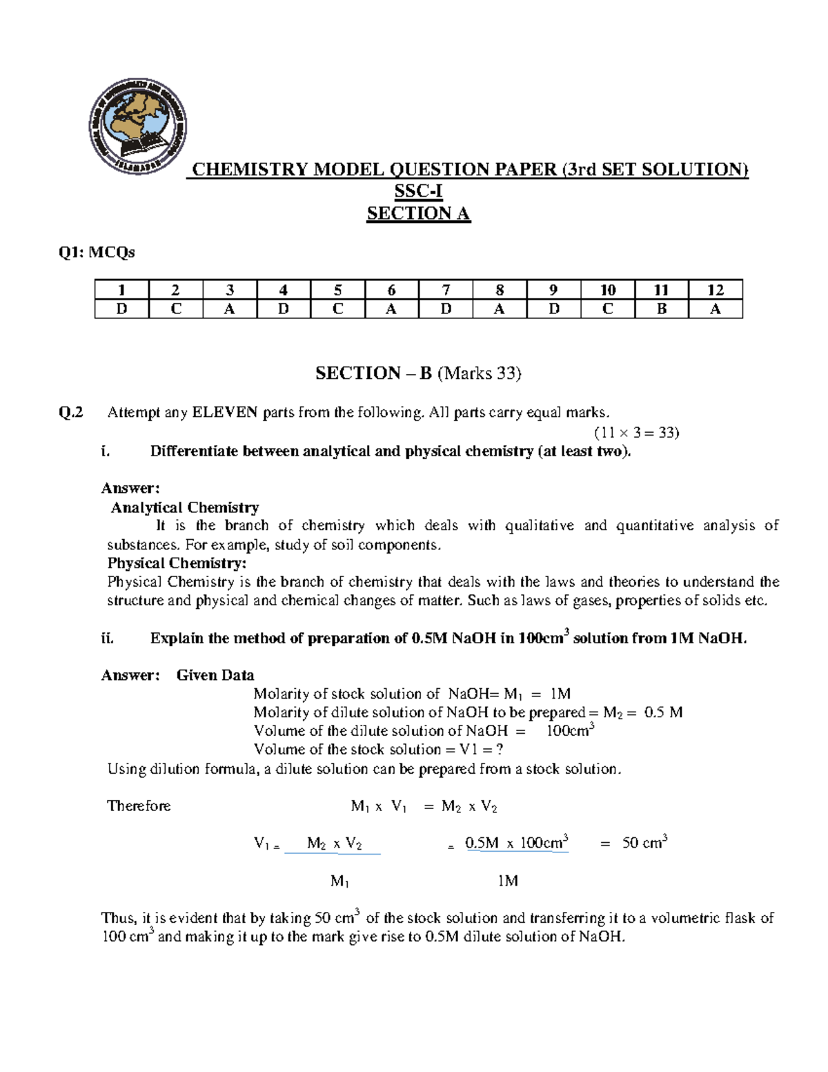Solution of Chemistry SSC-I (3rd Set) - CHEMISTRY MODEL QUESTION PAPER ...
