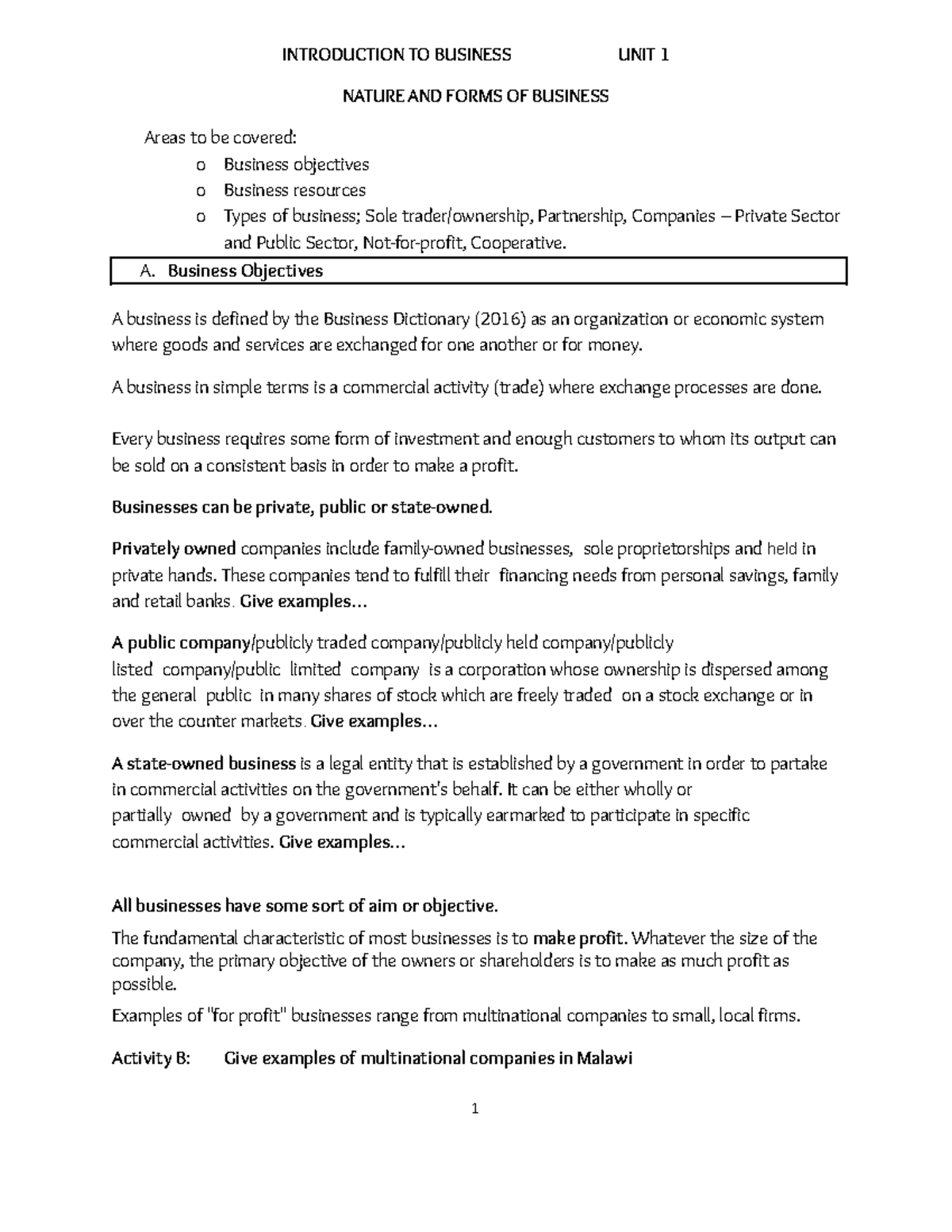 Notes - INTRODUCTION TO BUSINESS UNIT 1 NATURE AND FORMS OF BUSINESS ...