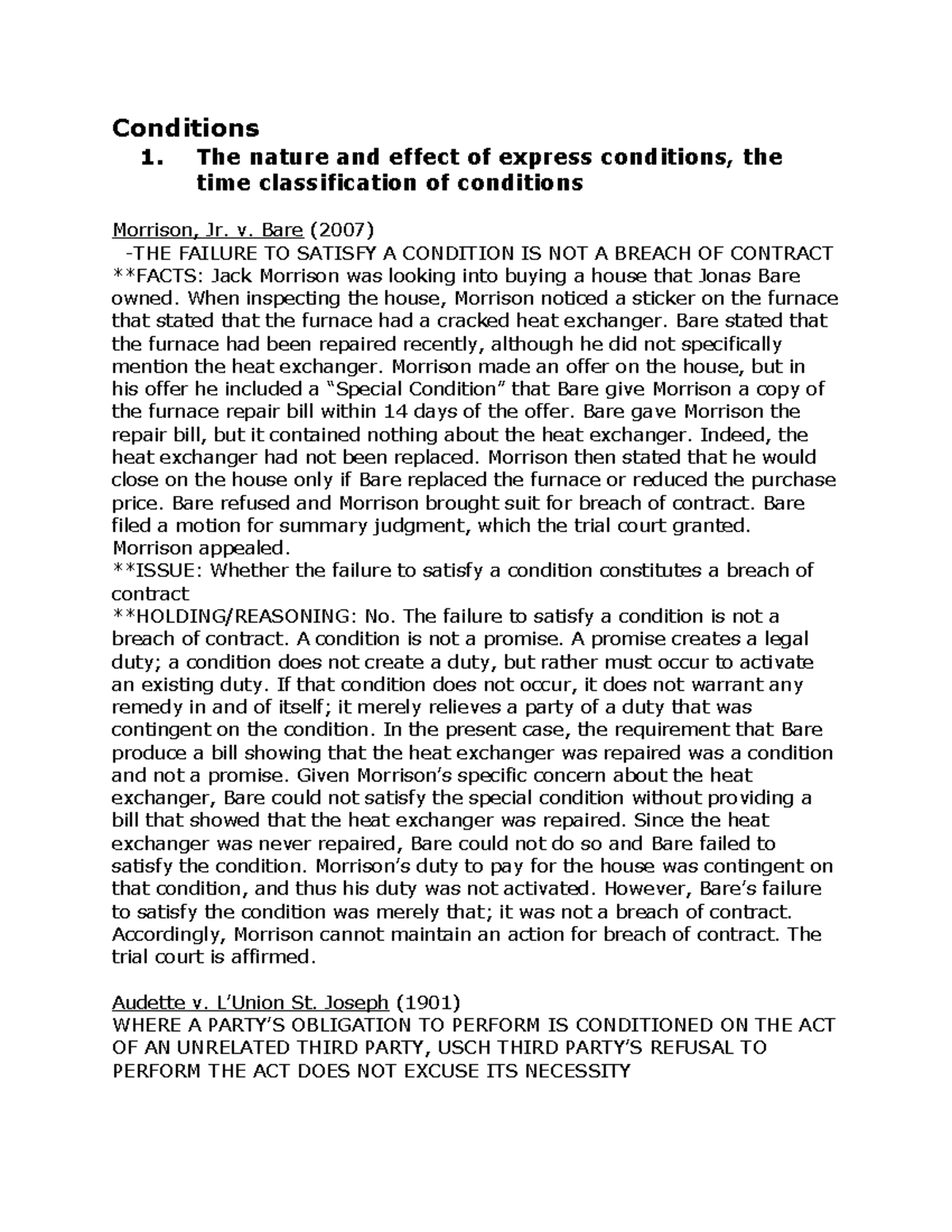 Conditions Outline - Contracts II - Conditions 1. The nature and effect ...