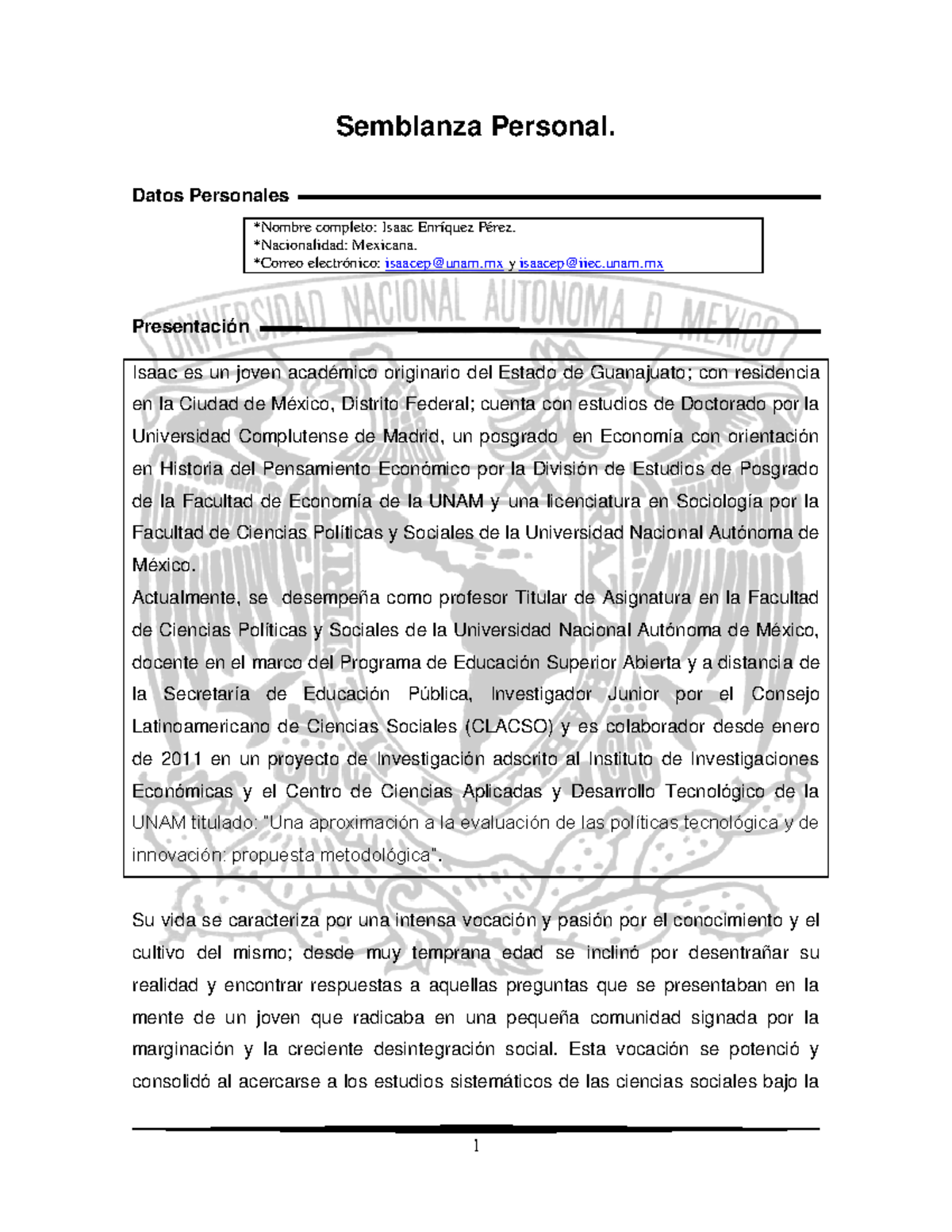 Ejemplo DE Semblaze - ....... - Semblanza Personal. Datos Personales *Nombre completo: Isaac ...