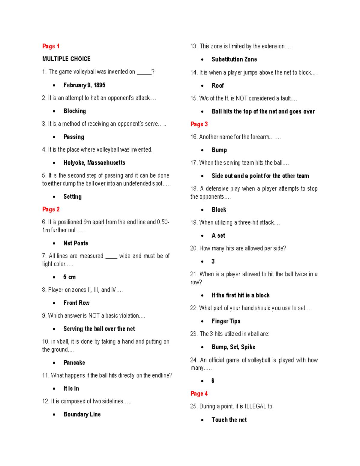 Volleyball Lecture - Page 1 MULTIPLE CHOICE The game volleyball was ...