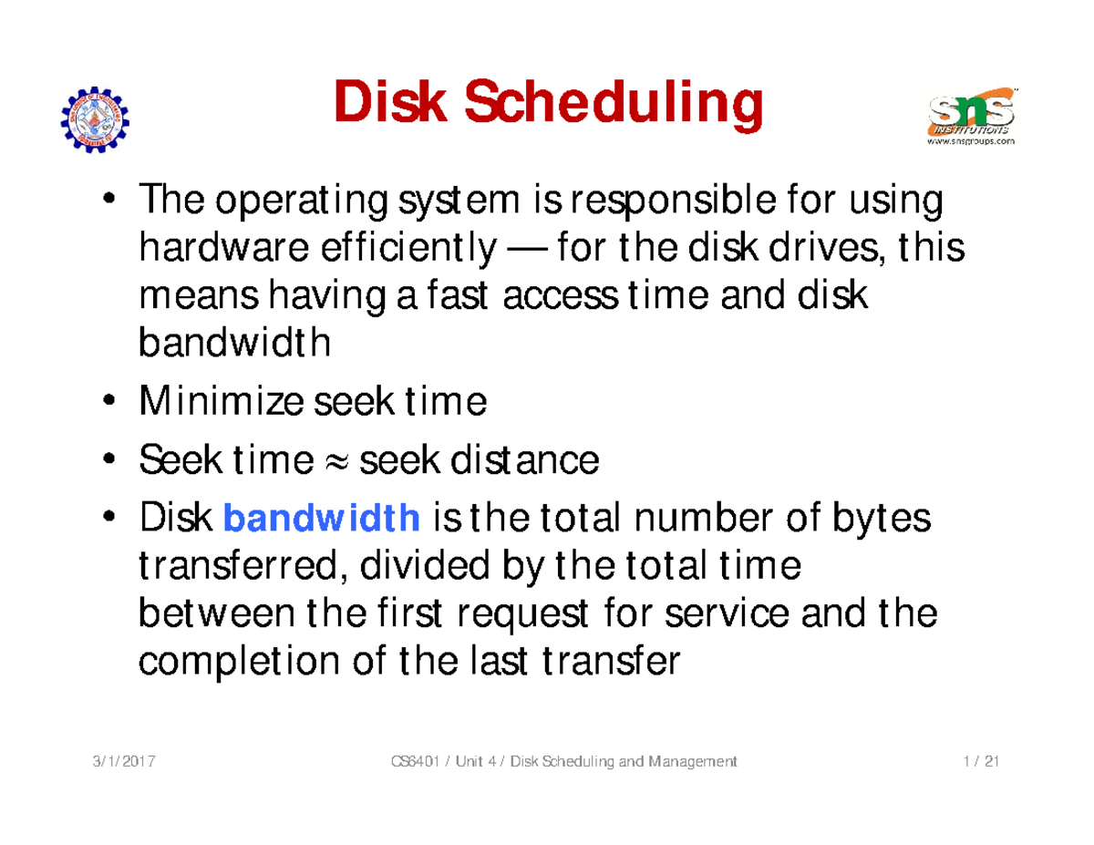 1684128796-2 - notes - Disk Scheduling The operating system is ...