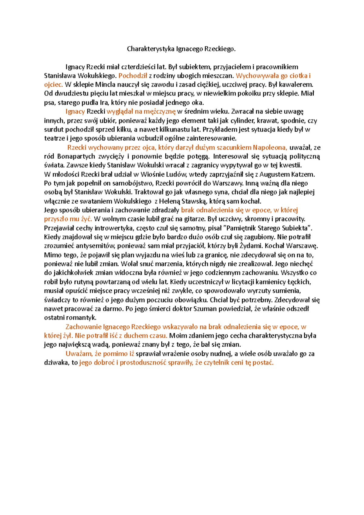 Charakterystyka Ignacego Rzeckiego - Ignacy Rzecki miał czterdzieści ...