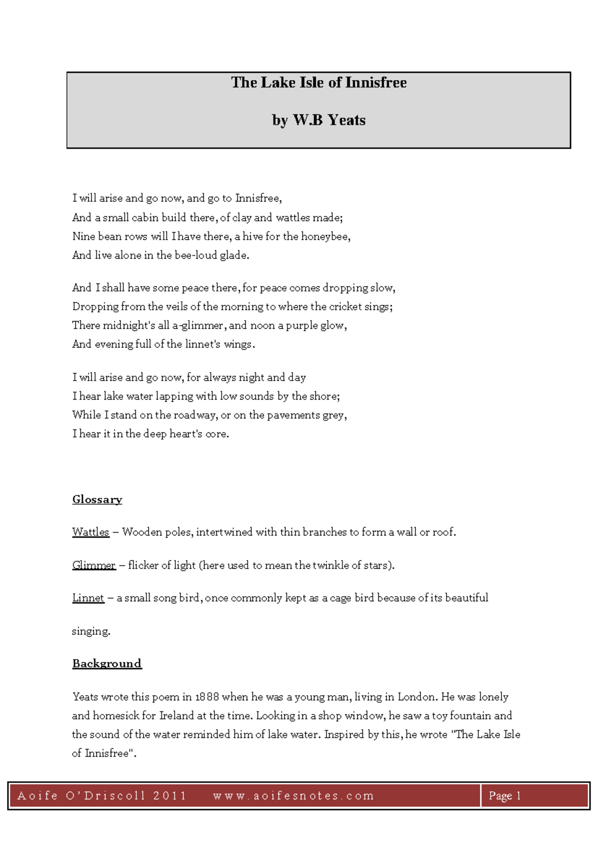 The Lake Isle of Innisfree - Notes - The Lake Isle of Innisfree by W ...