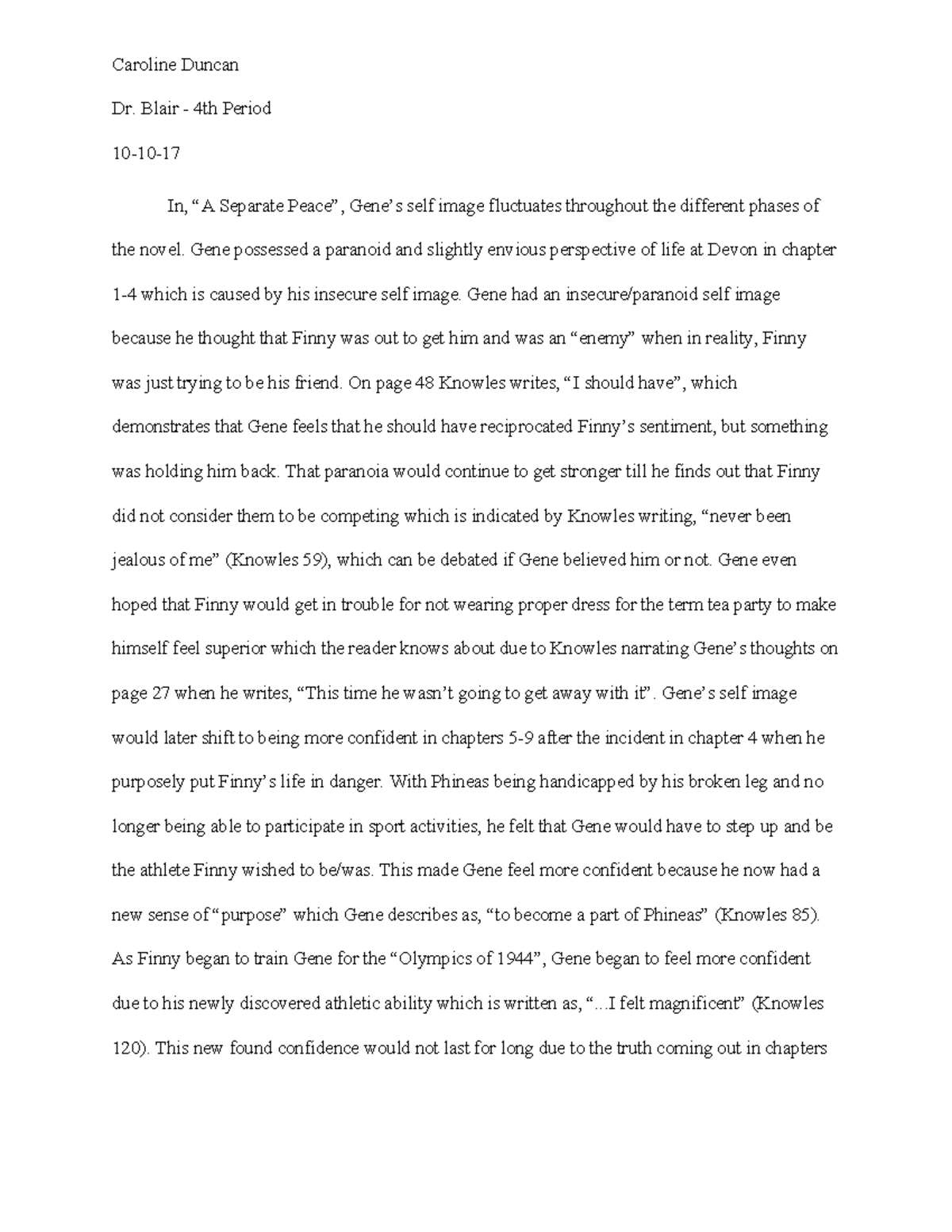 Independent Reading Essay - Dr. Blair - 4th Period 10-10- In, “A ...