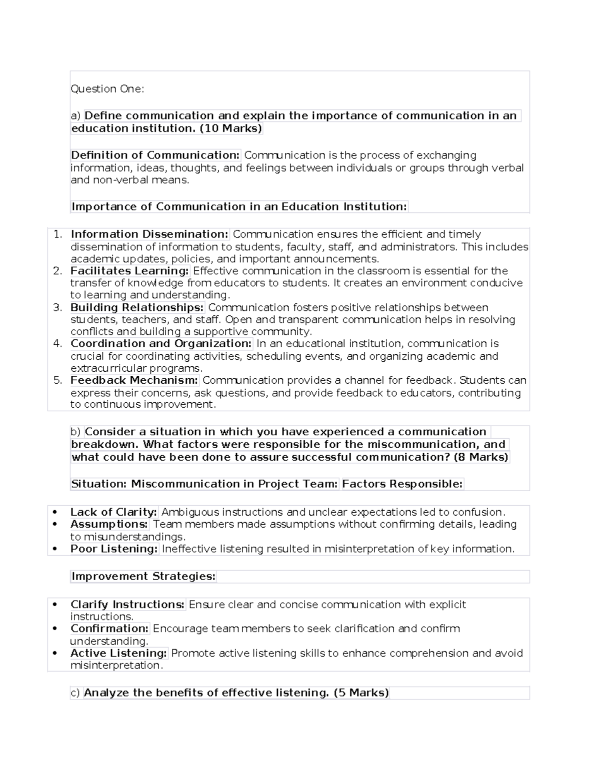 Business and communication - Question One: a) Define communication and explain the importance of ...