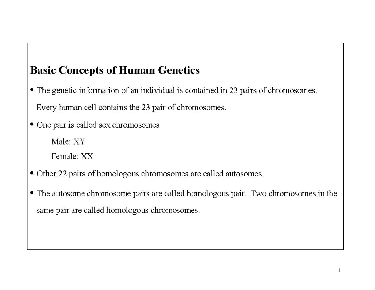 Lecture 1out - Genetics - Basic Concepts of Human Genetics ï The ...