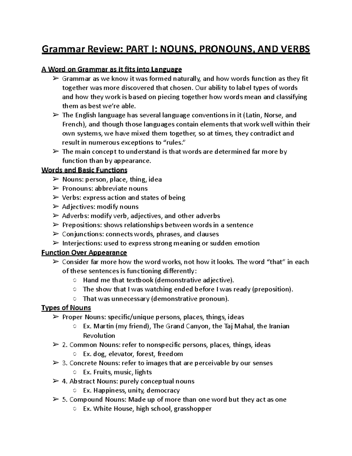 ENG 101 Grammar Review PART I Nouns, Pronouns, AND Verbs - Grammar ...