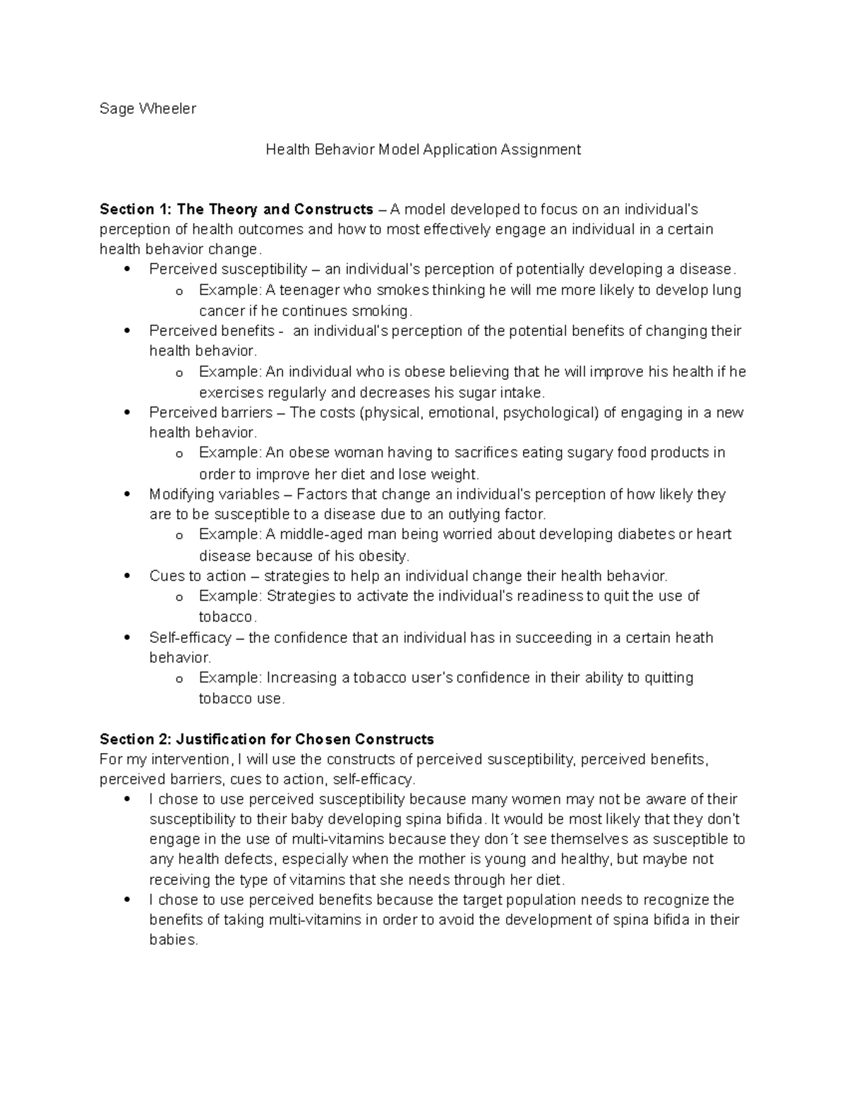 Application Assignment Format - Sage Wheeler Health Behavior Model ...