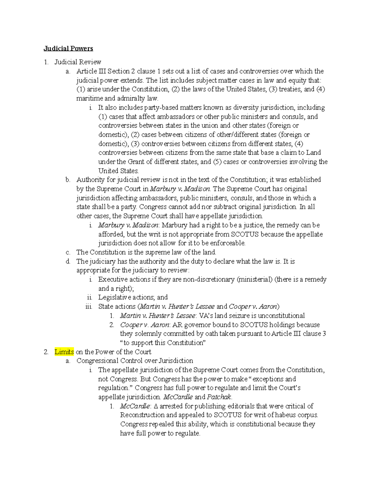 F22 - Con Law - Outline - Judicial Powers Judicial Review a. Article ...