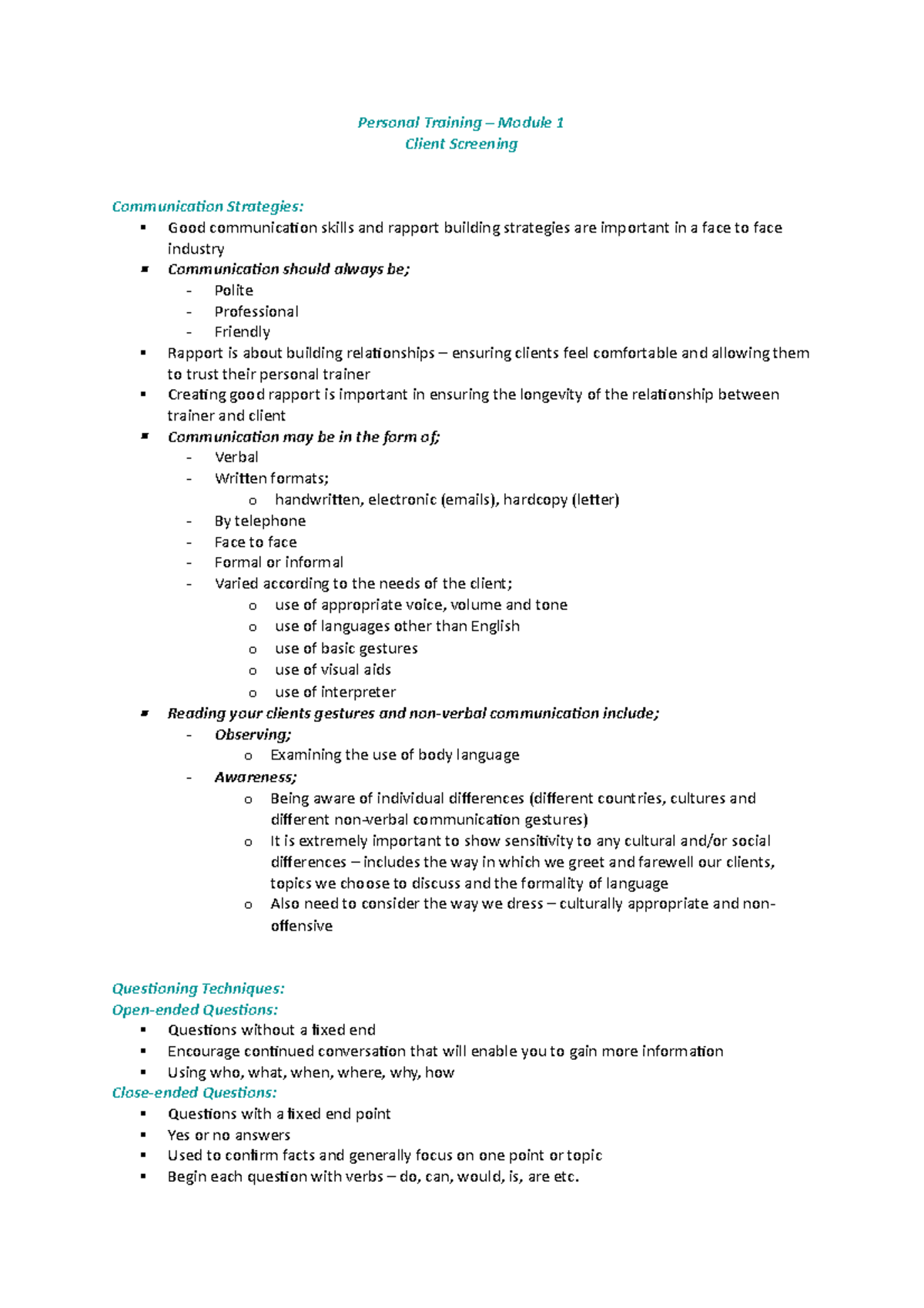 PT Client Screening Module 1 - Personal Training – Module 1 Client ...