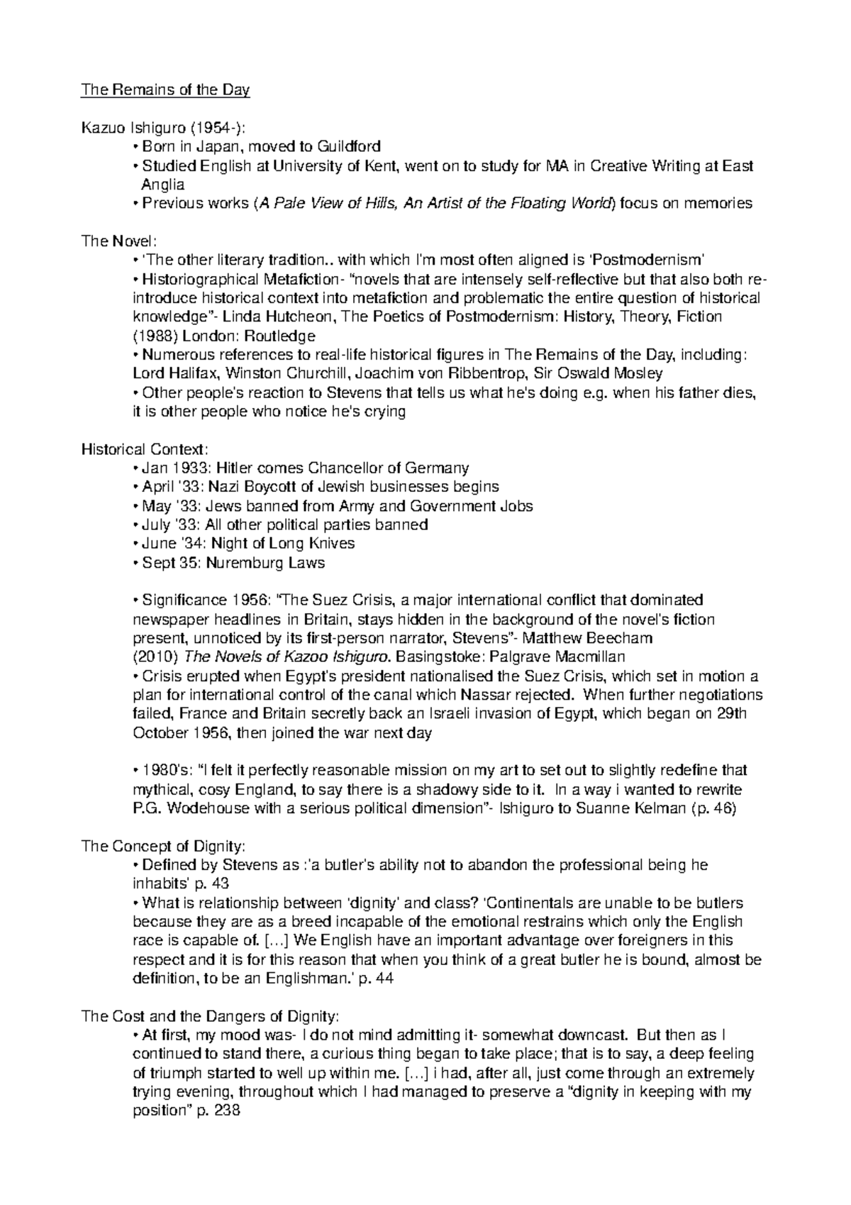 The Remains of the Day - Lecture notes 5 - The Remains of the Day Kazuo ...