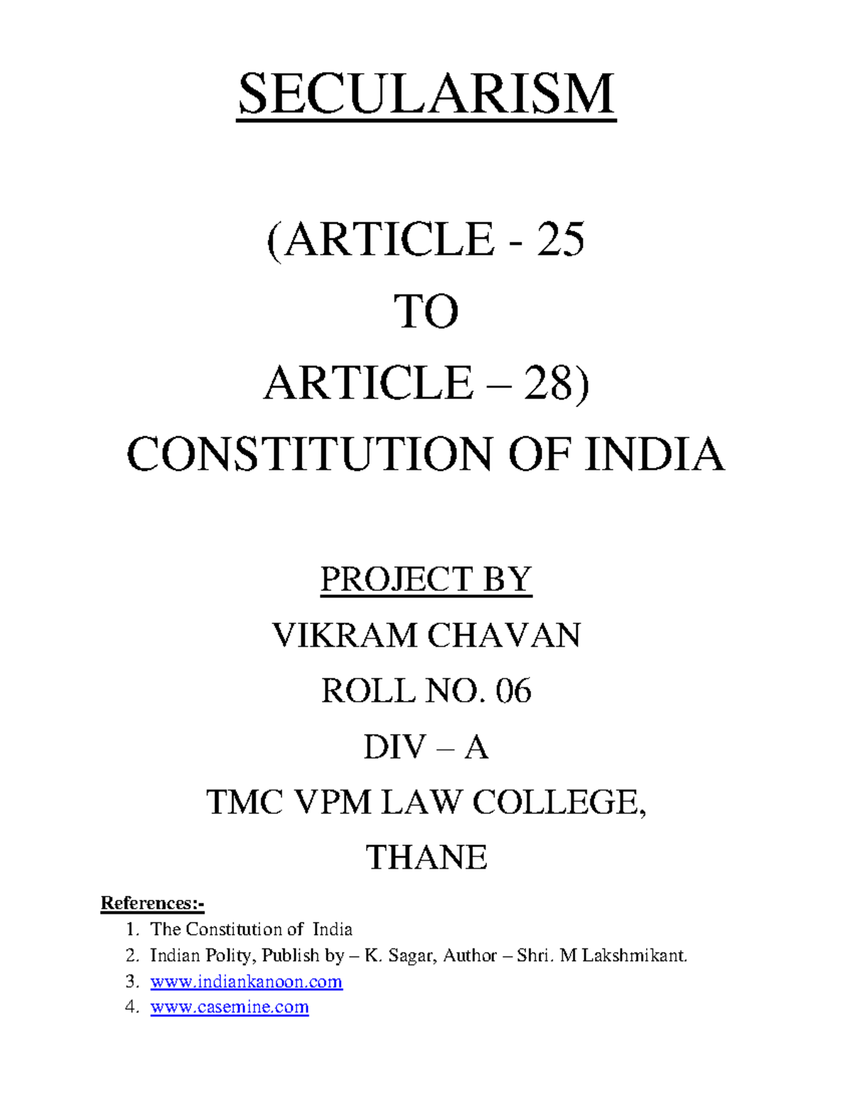 COI-R.No. 06 - Project work - SECULARISM (ARTICLE - 25 TO ARTICLE – 28 ...